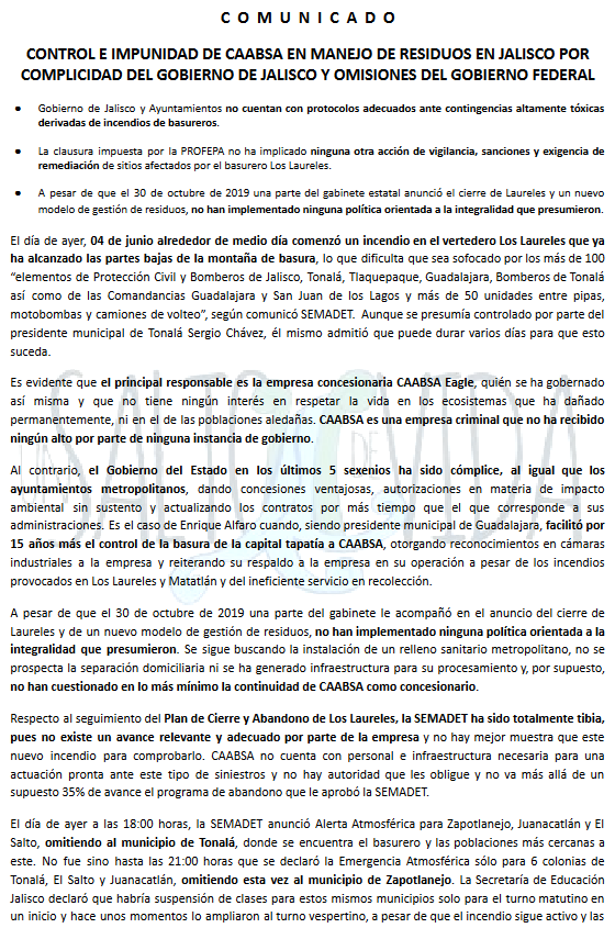 COMUNICADO // Control e impunidad de Caabsa Eagle en manejo de residuos ...